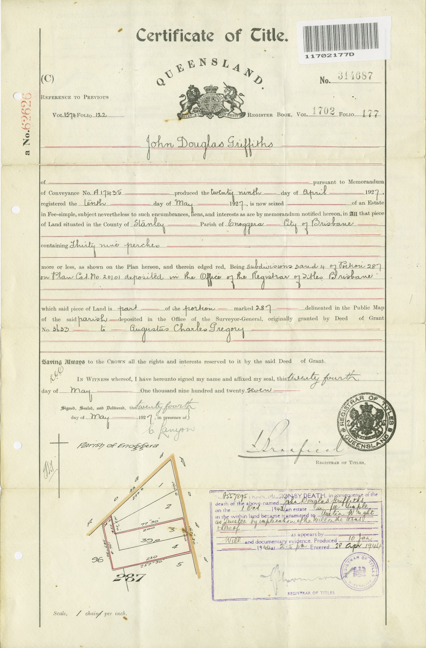 Certificate of title of land for John Douglas Griffiths | State Library ...
