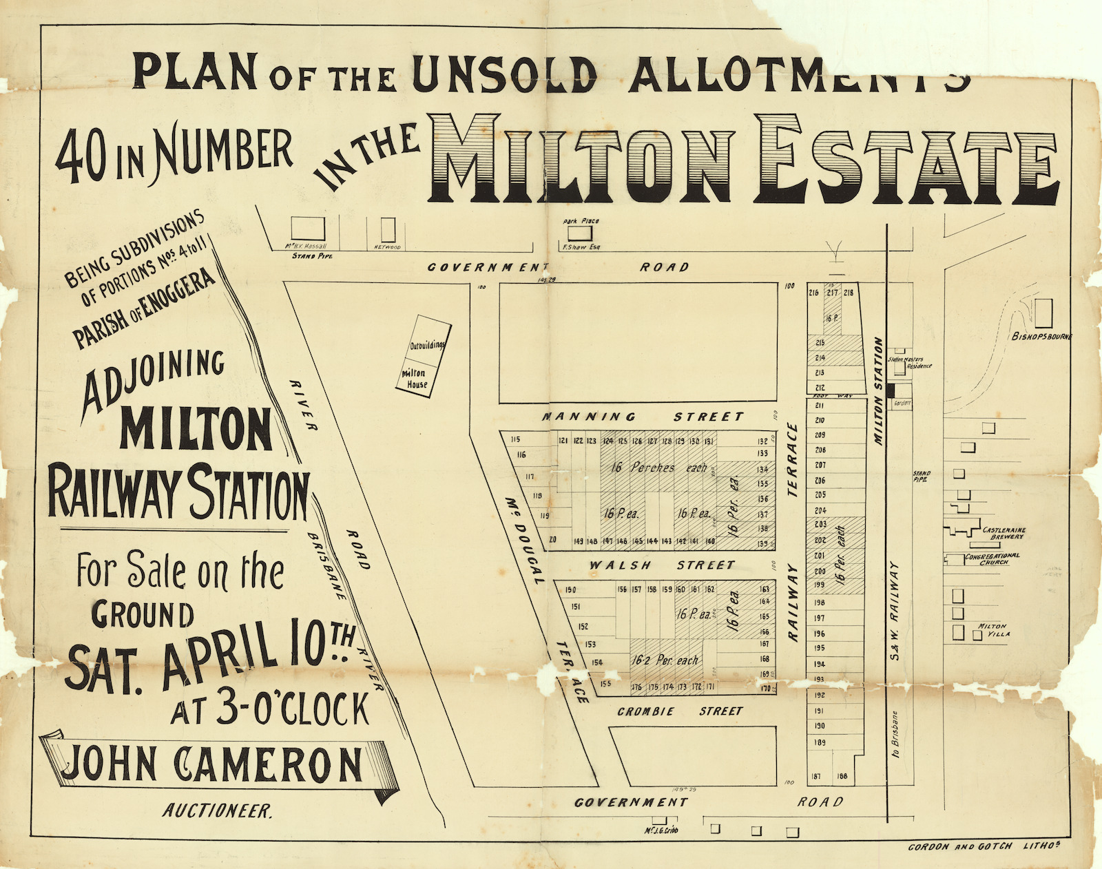 Plan of the unsold allotments in the Milton Estate, adjoining Milton ...