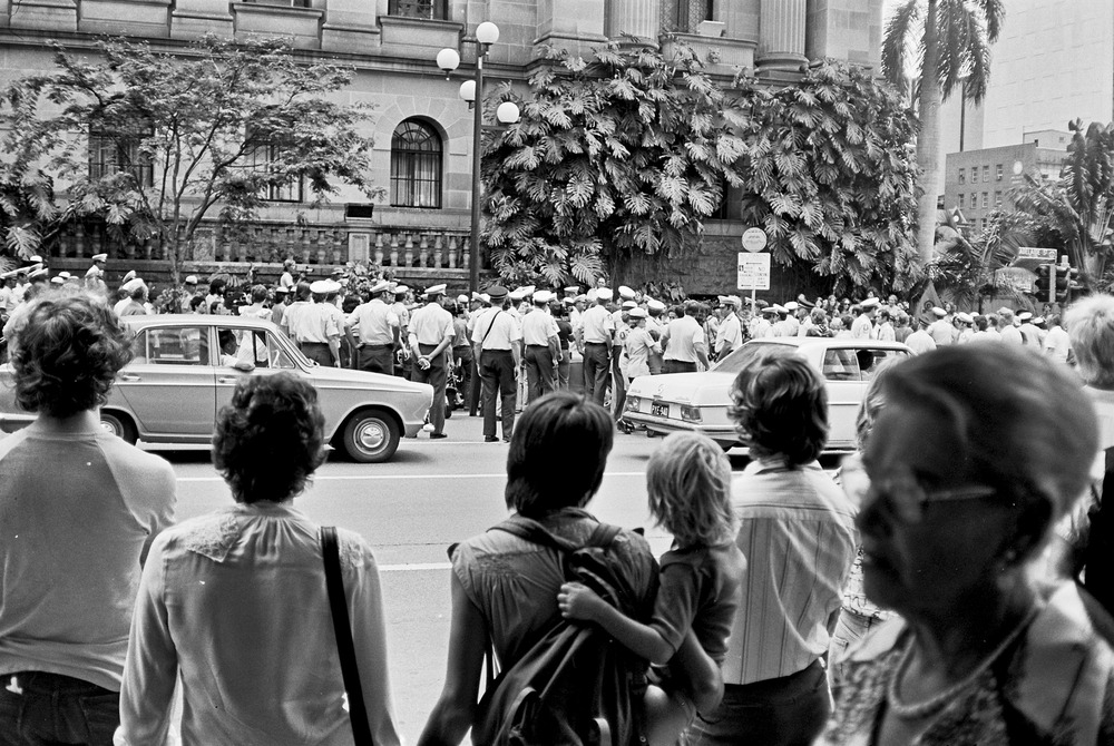 Police at a political rally in King George Square, possibly 1980. From ...